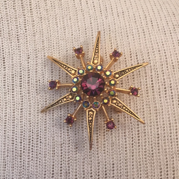 Vintage | Jewelry | Vintage Matte Gold Star Pin Purple Rhinestones ...